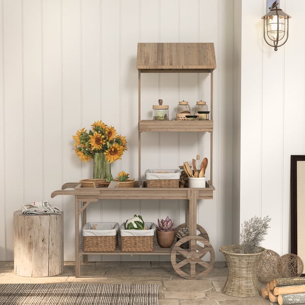 Natural Solid Wood Garden Cart Display Plant Stand Potting Bench | Homary