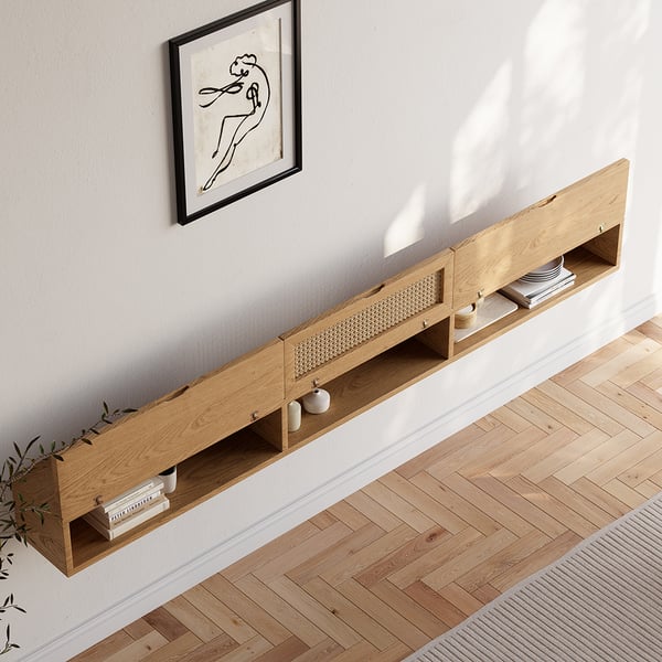 70" Walnut Ash Wood Floating Rattan TV Stand Wall Mount Cane Flip ...