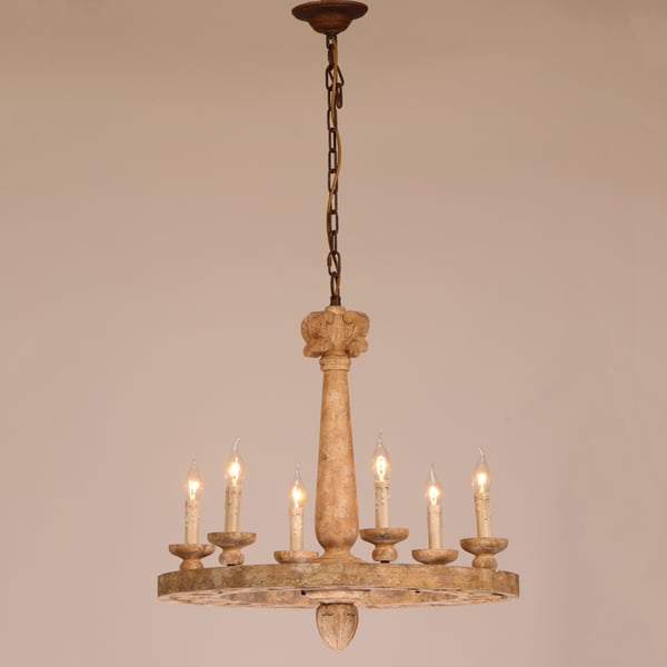 Rustic Solid Wood 6-Light Round Candelabra Wooden Chandelier in Rust ...
