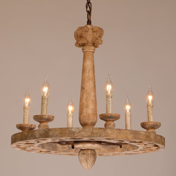 Rustic Solid Wood 6-Light Round Candelabra Wooden Chandelier in Rust ...