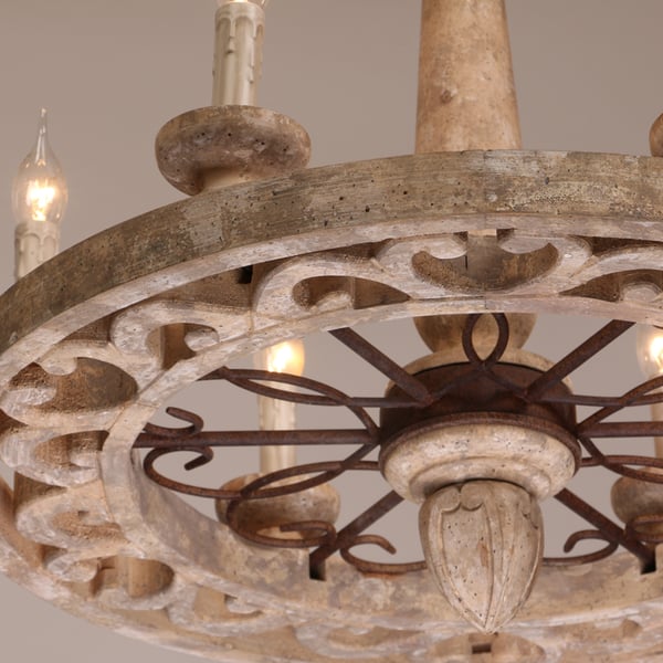 Rustic Solid Wood 6-Light Round Candelabra Wooden Chandelier in Rust ...