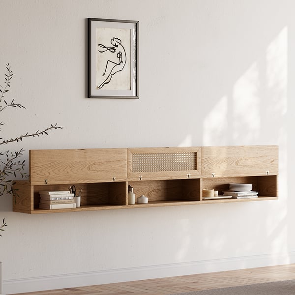 70" Walnut Ash Wood Floating Rattan TV Stand Wall Mount Cane Flip ...