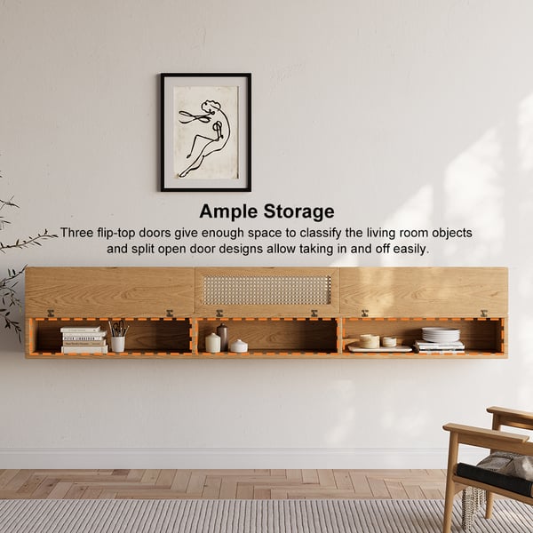 Free Shipping on 70" Walnut Ash Wood Floating Rattan TV Stand Wall ...