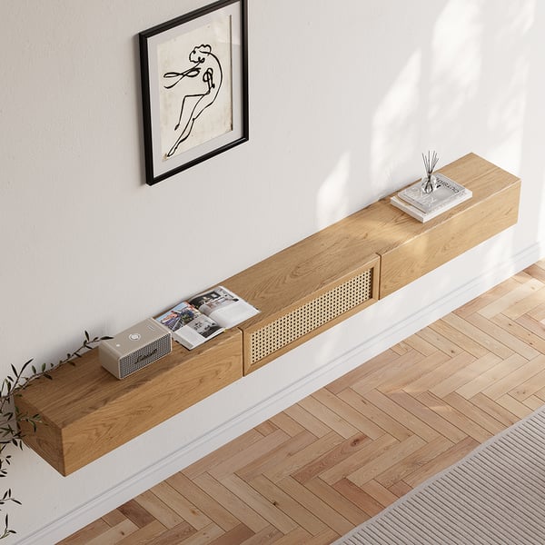 70" Walnut Ash Wood Floating Rattan TV Stand Wall Mount Cane Flip ...