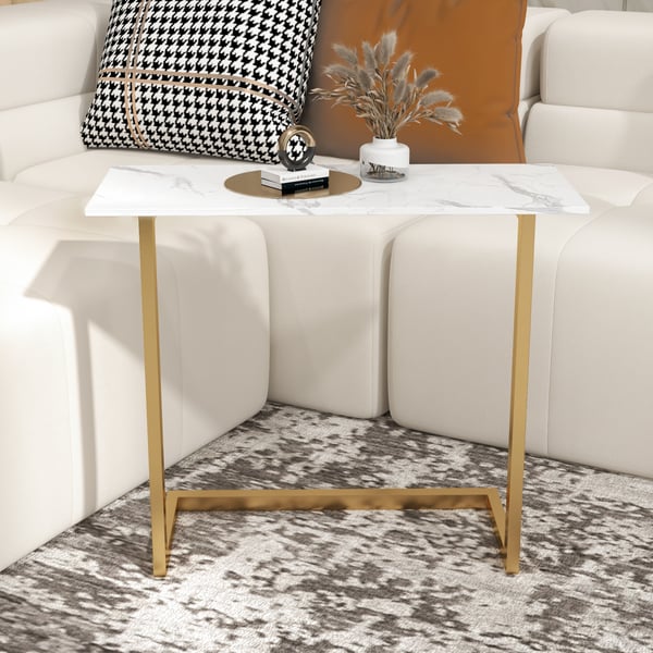 White End Table with Sintered Stone Tabletop Modern Rectangular Side ...