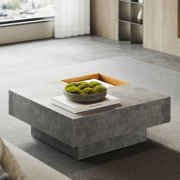 27.6" Japandi Wooden Square Coffee Table with Open Storage Concrete ...