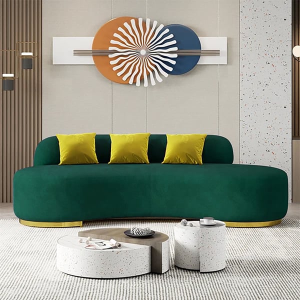 Green Velvet Upholstered Curved Sofa Living Room Set of 3 With Pillows ...