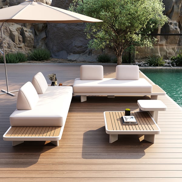 5 Pieces Modern L Shape Outdoor Sectional Sofa Set with Wood Coffee ...
