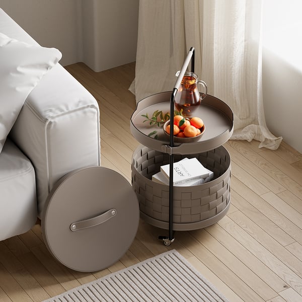 Modern 2-Tier End Table with Wheel & Tray Top Woven Leather Side Table ...