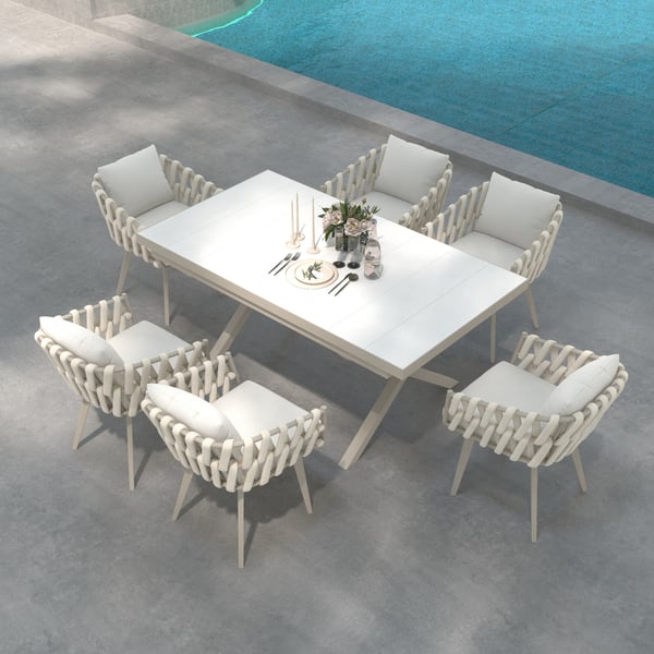 7 Pieces Aluminum Outdoor Dining Set with Extendable Marble Top Table ...
