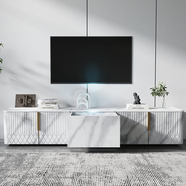 94.5" Wood Low TV Stand for Projector Marble Grain Media Console with 4 ...