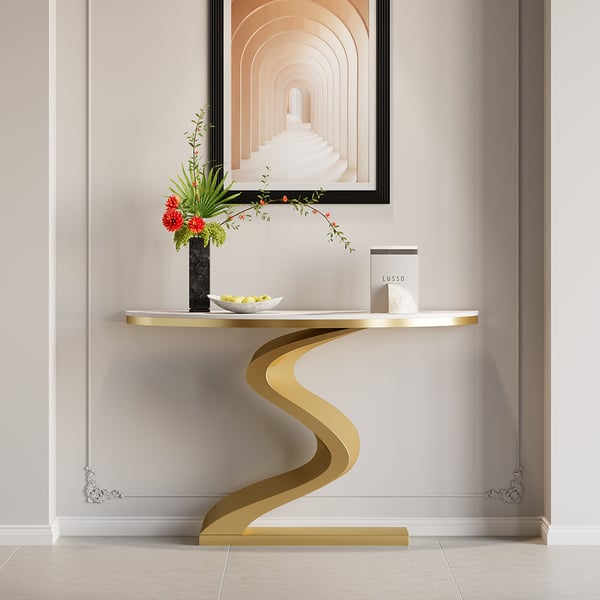 Modern 39.4" White & Gold Curved Console Table with Sintered Stone Top ...