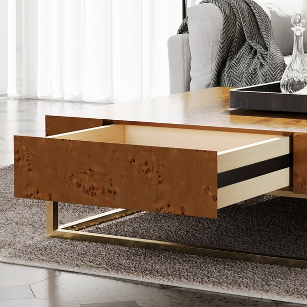 Modern 1000mm Wooden Burl Coffee Table Square with 2 Drawers in Gold ...