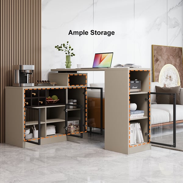 57"-82" Sofa Bar Table Khaki Storage Cabinet Rotatable Behind Couch Pub ...