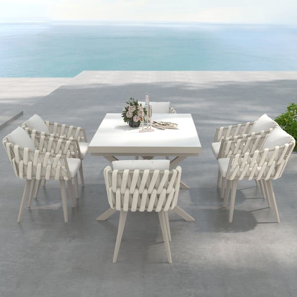 7 Pieces Aluminum Outdoor Dining Set with Extendable Marble Top Table ...