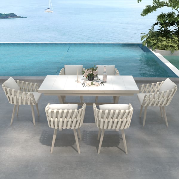 7 Pieces Aluminum Outdoor Dining Set with Extendable Marble Top Table ...