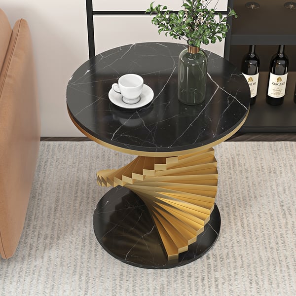 Modern Round Metal Black & Gold Side Table with Marble Tabletop End ...