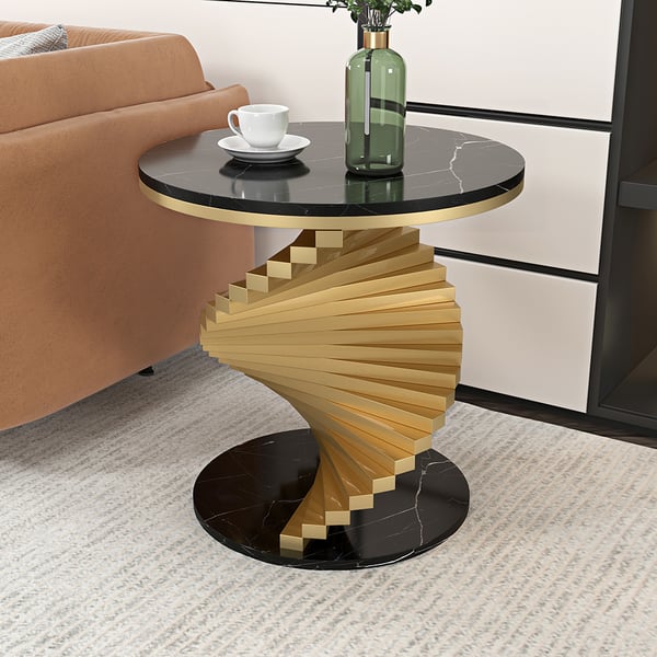 Modern Round Metal Black & Gold Side Table with Marble Tabletop End ...