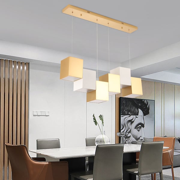 6-Light Modern Linear Gold & White Kitchen Island Light Square Pendant ...
