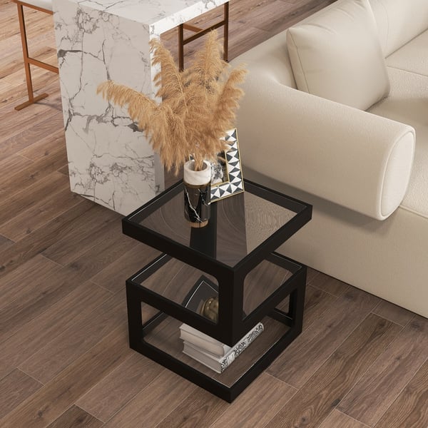 Modern Glass Side Table with 3 Tiers S-shaped End Table in Black | Homary