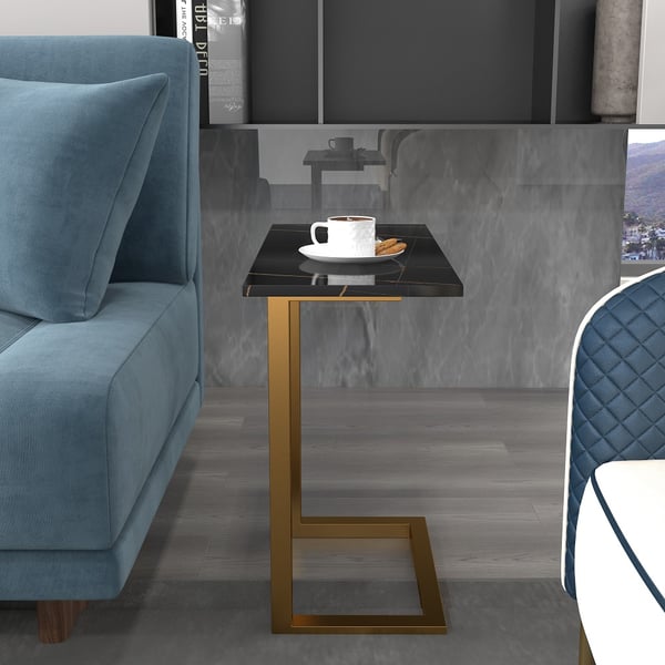 Black End Table with Sintered Stone Tabletop Rectangular Side Table ...