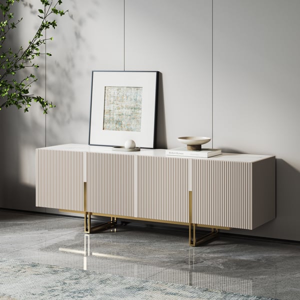 Minimalist 59.1'' Off White Small TV Stand Stone Top Media Console 4 ...