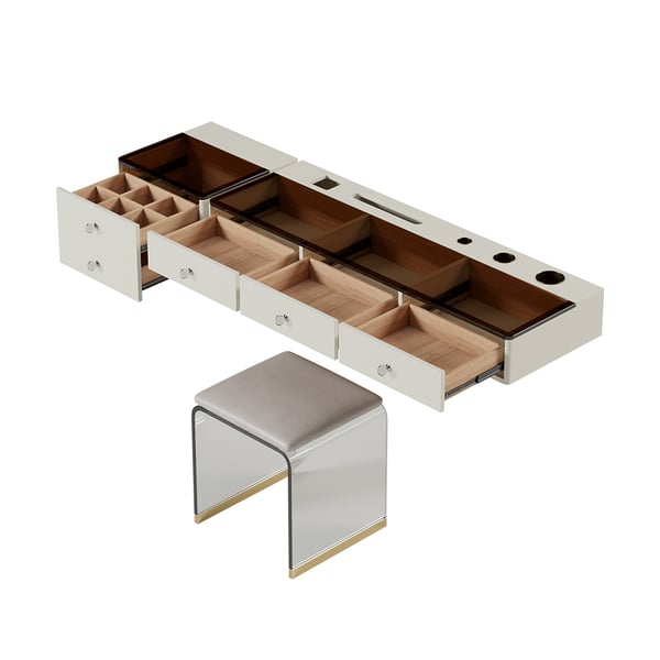 Modern Floating Makeup Vanity Set Wall Mounted Beauty Station with Side Cabinet & Stool-Homary