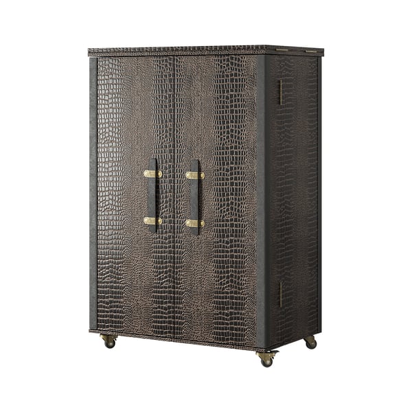 Industrial Black Leather Fold Out Home Bar Cabinet on Wheels with ...