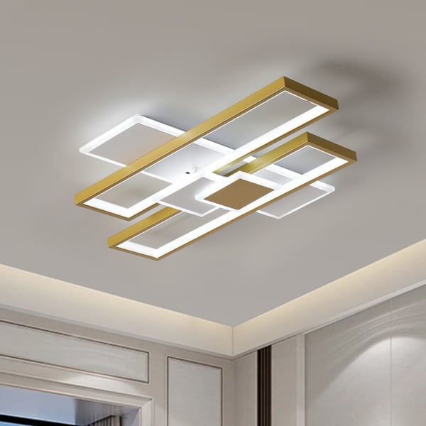 LED Modern Rectangular Flush Mount Ceiling Light in Gold & White with Remote Control-Homary