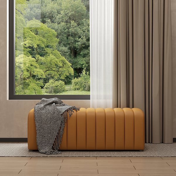 47.2'' Modern Orange Leather Entryway Bench Leather Upholstered Channel ...