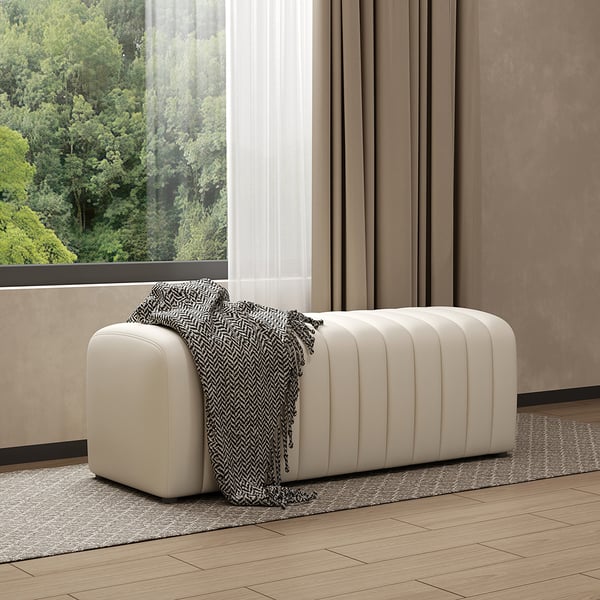 47.2'' Modern White Leather Entryway Bench Leather Upholstered Channel ...