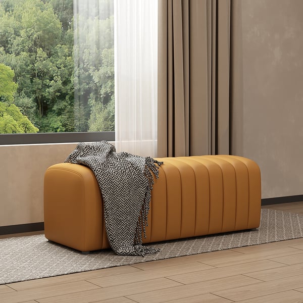 47.2'' Modern Orange Leather Entryway Bench Leather Upholstered Channel ...