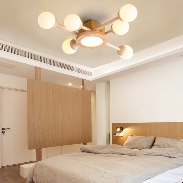Nordic 7-Light Wooden LED Flush Mount Ceiling Light with White Glass ...