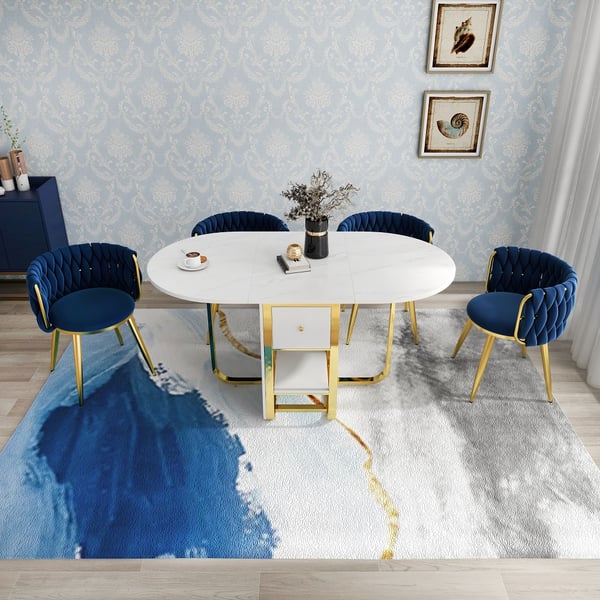 Abstract Modern Blue and Gold Rug Polyester Rectangle 6' x 8' Living ...