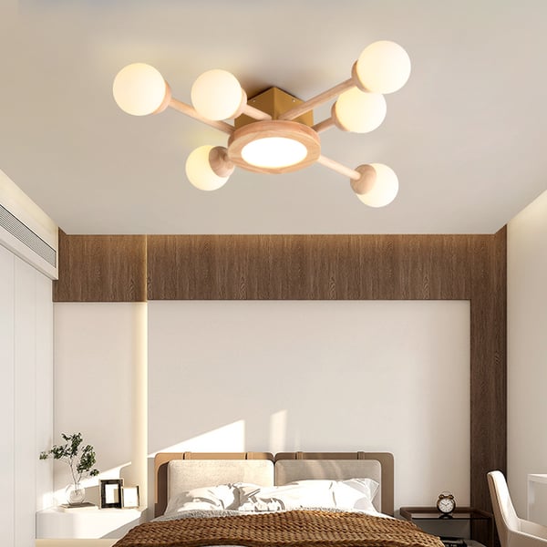 Nordic 7-Light Wooden LED Flush Mount Ceiling Light with White Glass ...