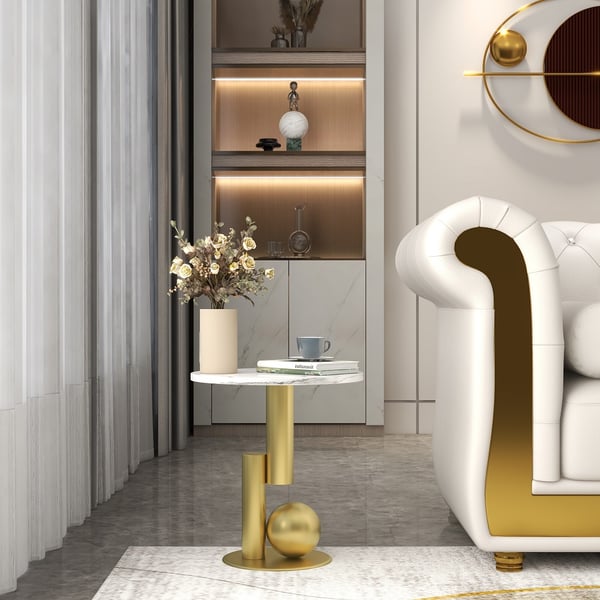 Modern White End Table Round Marble Stone Top with Abstract Metal Base ...