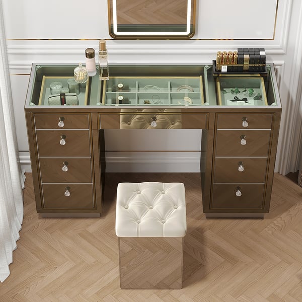 Glam Mirrored Makeup Vanity Set 9-Drawer Dressing Table with Glass Top ...