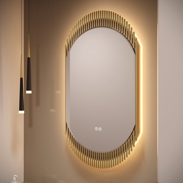 20" Oval Decor LED Bathroom Mirror Wall-Mounted Defog in Gold | Homary