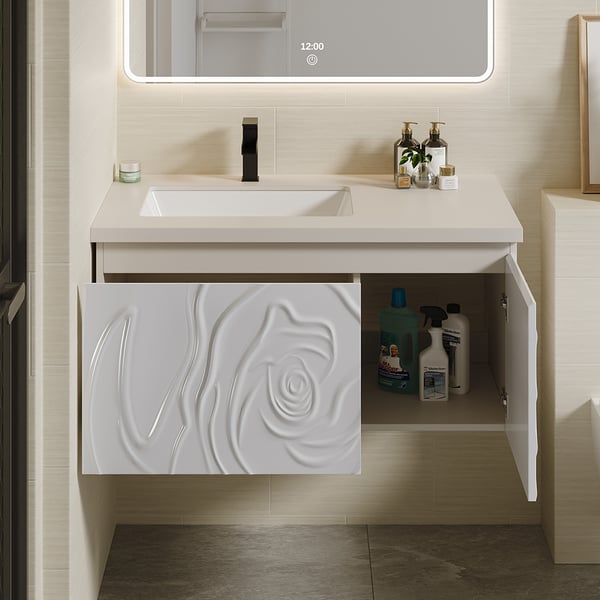 35" White Wall Mounted Hand Carved Bathroom Vanity with Drawers & Doors ...