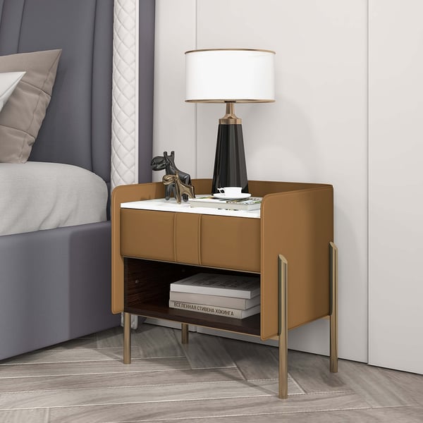 Modern Orange Nightstand Sintered Stone Top Bedside Table with Charger ...