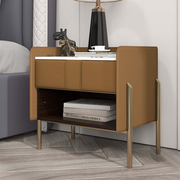 Modern Orange Nightstand Sintered Stone Top Bedside Table with Charger ...