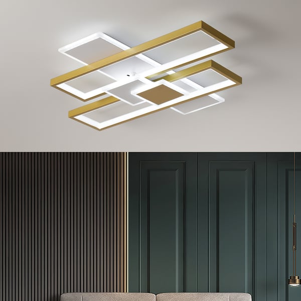 LED Modern Rectangular Flush Mount Ceiling Light in Gold & White with ...