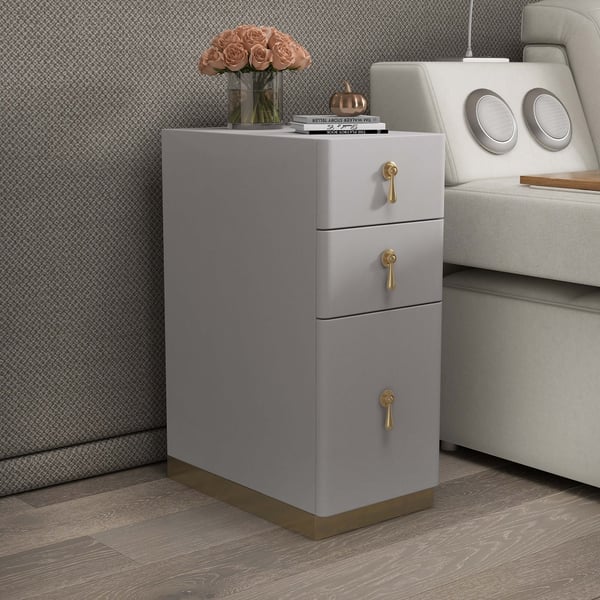 Modern Grey 3-Drawer Nightstand Narrow Bedside Table with Faux Leather ...