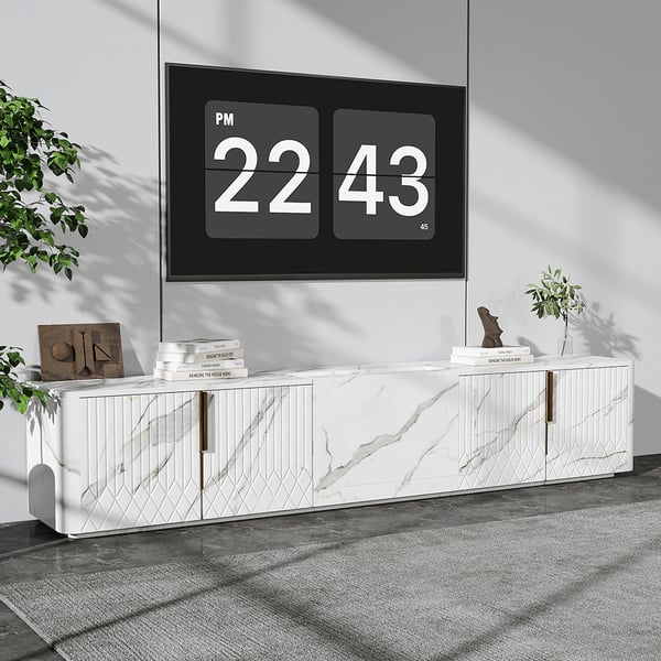 91.7" Wood Low TV Stand for Projector Marble Grain Media Console with 4 ...