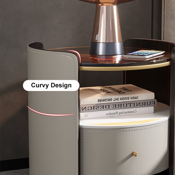 Free Shipping on Modern Round Gray Leather Nightstand with Glass Top ...