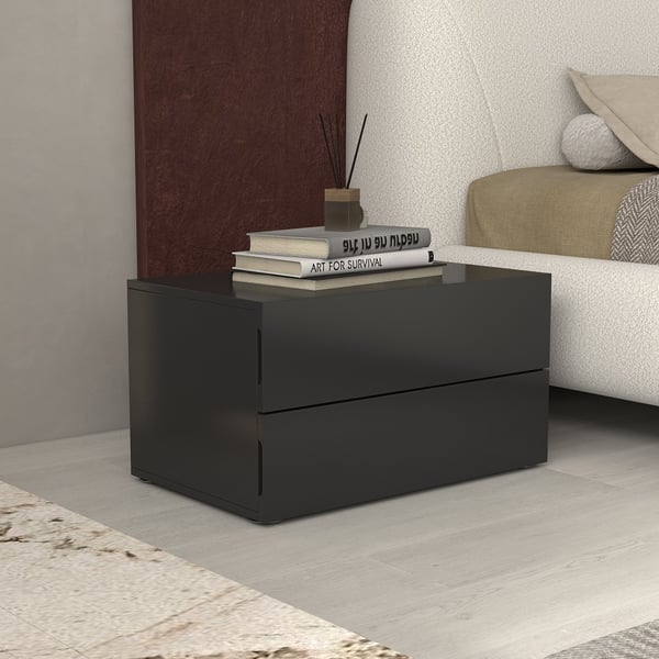 24" Modern Minimalist Black Bedroom Nightstand with 2 Drawers | Homary