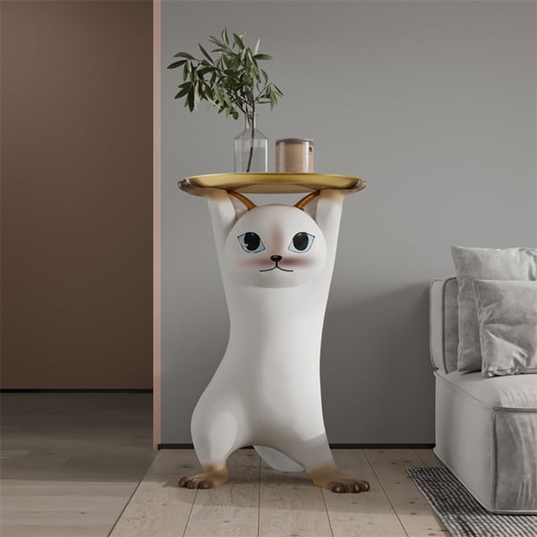 Modern Cat Side Table Floor Resin Figurine with Gold Tray End Table-Homary