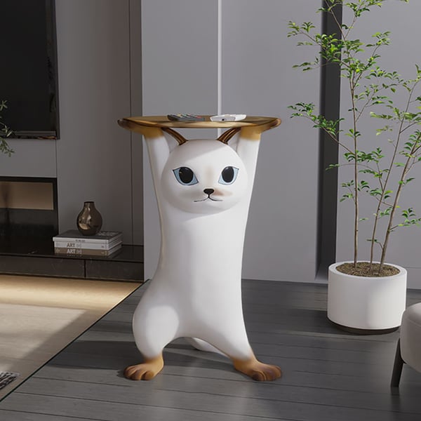 Modern Cat Side Table Floor Resin Figurine with Gold Tray End Table-Homary