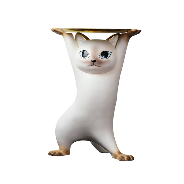 Modern Cat Side Table Floor Resin Figurine with Gold Tray End Table-Homary