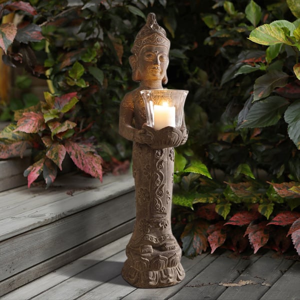 21.9" Brown Resin Garden Buddha Statue With Candle Holder Outdoor ...